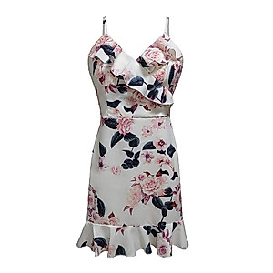 F_Gotal Womens Dresses Summer Casual Floral V Neck Strappy Mini Dress Sleeveless Ruffle Beach Sundress Party Cocktail White