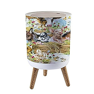 Small Trash Can with Lid Farms Animal Seamless Cute Domestic Pets Watercolor foal Piggy Chicken 7 Liter Round Garbage Can Elasticity Press Cover Lid Wastebasket for Kitchen Bathroom Office 1.8 Gallon