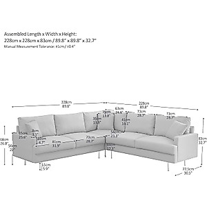 KEVINSPACE 89.8''x 89.8'' Sectional Sofa Living Room Modern Corner Sectional Couch Upholstered Sofa Furniture, L Shape Technical Leather Couch with 3 Pillows, Gold Legs Beige