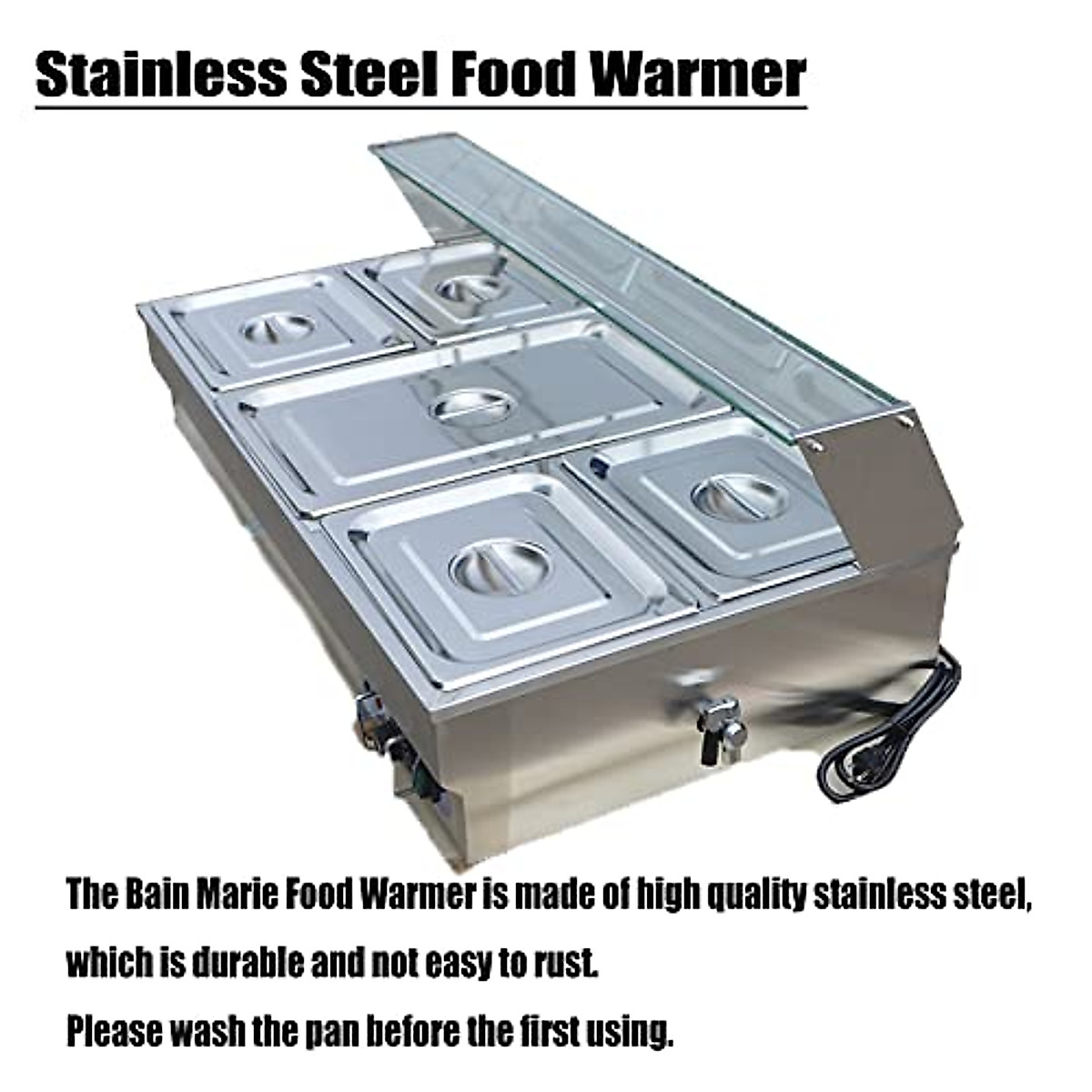 HQHAOTWU 5-Pan Electric Food Warmer Commercial Bain Marie Buffet Stainless Steel Food Container Double-Row Pans with Glass Guard for Catering Restaurant Canteen 12"×8.7"×4" Pan and 21"×13"×4" Pan