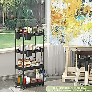 Mosxoed Slim Storage Cart Rolling Utility Cart with Wheels 4 Tier Mobile Bathroom Organizer Cart for Laundry Room Kitchen Office Narrow Space with Handle Hanging Cups Dividers, Black, 35" H