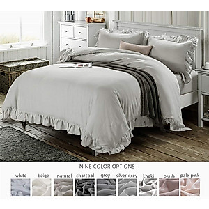 meadow park 100% Stone Washed French Linen Duvet Cover Set 3 Pieces - Super Soft,King 104 inches x 92 inches - Shams 20 inches x 36 inches, Ruffled Style - Button Closure - Corner Ties, Light Grey