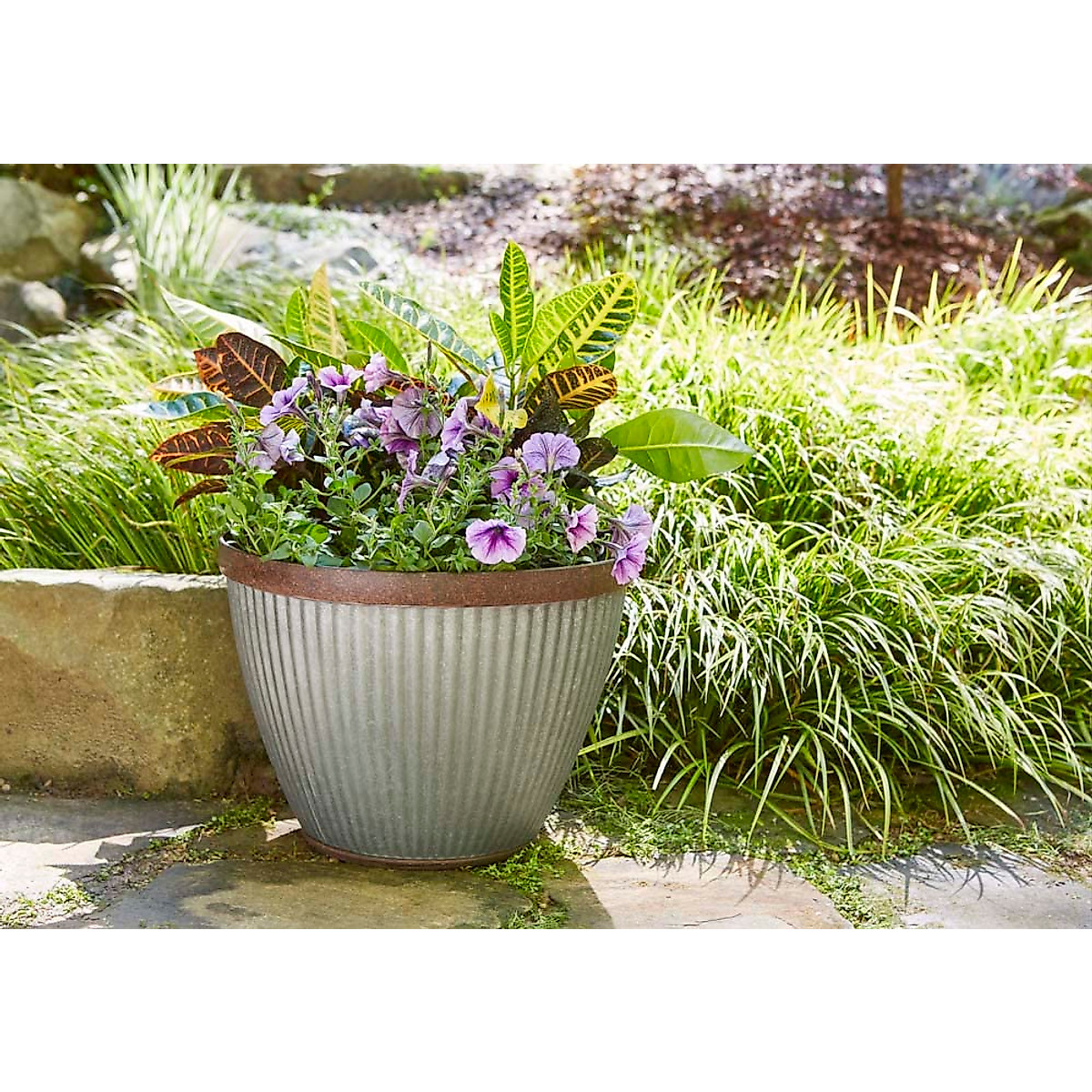 Southern Patio 15" Westlake Indoor/Outdoor Pleated Planter with Drainage Hole, Plug & Galvanized Finish, 19.56 qt. Capacity