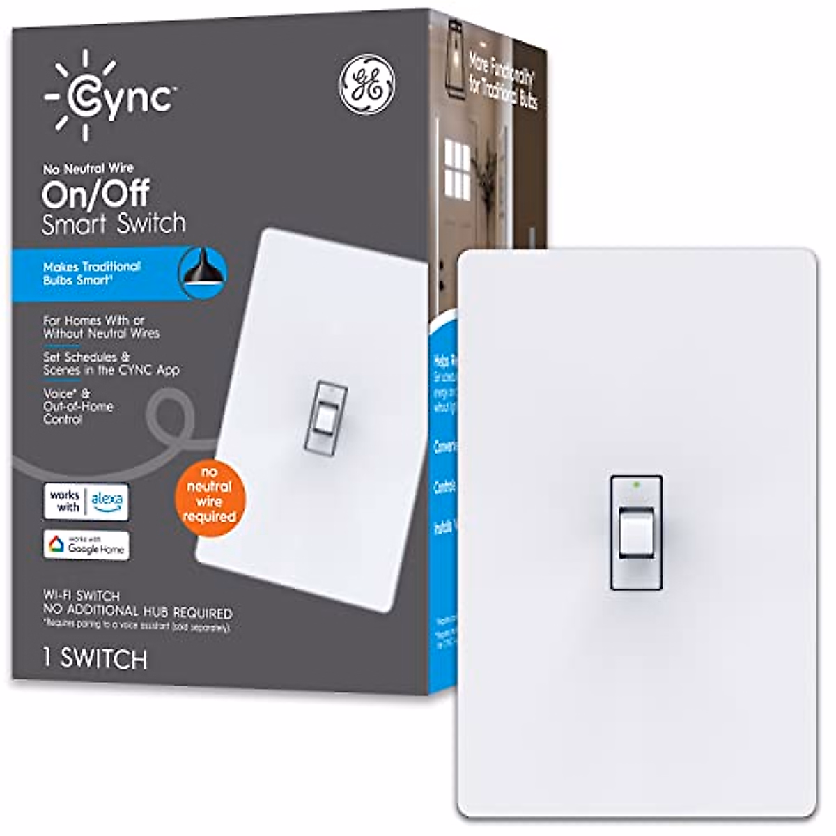GE CYNC Smart Light Switch On/Off Toggle Style, No Neutral Wire Required, Bluetooth and 2.4 GHz Wi-Fi 3-Wire Switch, Works with Alexa and Google Home