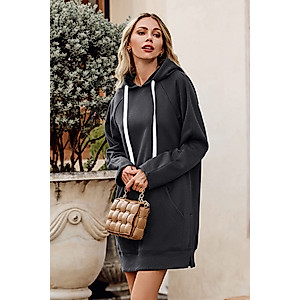 PRETTYGARDEN Women's Casual Pullover Sweatshirt Long Sleeve Split Hem Hoodie Dress with Kangaroo Pocket (Dark Grey,Small)