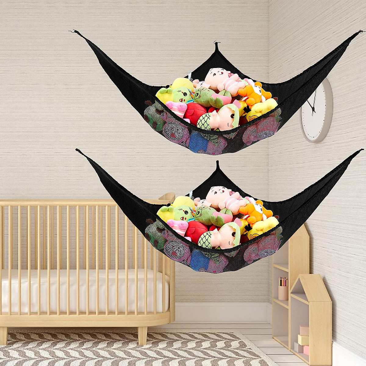Jumbo Toy Net Hammock for Stuffed Animals KoHuiJoo Wall Sling Corner Extra Large Kids Children Mesh Toy Net Organizer (Black 2 Pack, 70 inch)