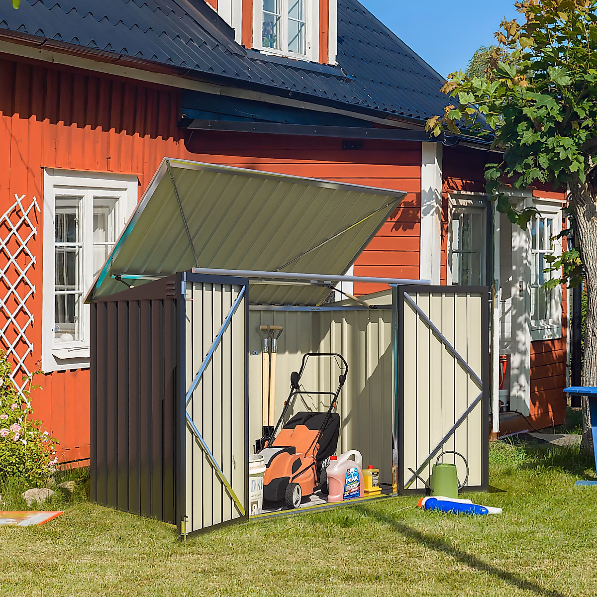 Greesum 5.8x3.3 FT Outdoor Storage Shed Metal Garbage Shed with Lid Chain Hydraulic Gas Rod for Lawn Tools, Bikes, Toys,Garbage Bin,Black