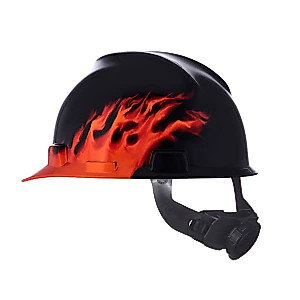 MSA 10092015 Freedom Series V-Gard Cap Style Safety Hard Hat with Fas-Trac III Ratchet Suspension | Polyethylene Shell, Self Adjusting Crown Straps - Standard Size in Black Fire