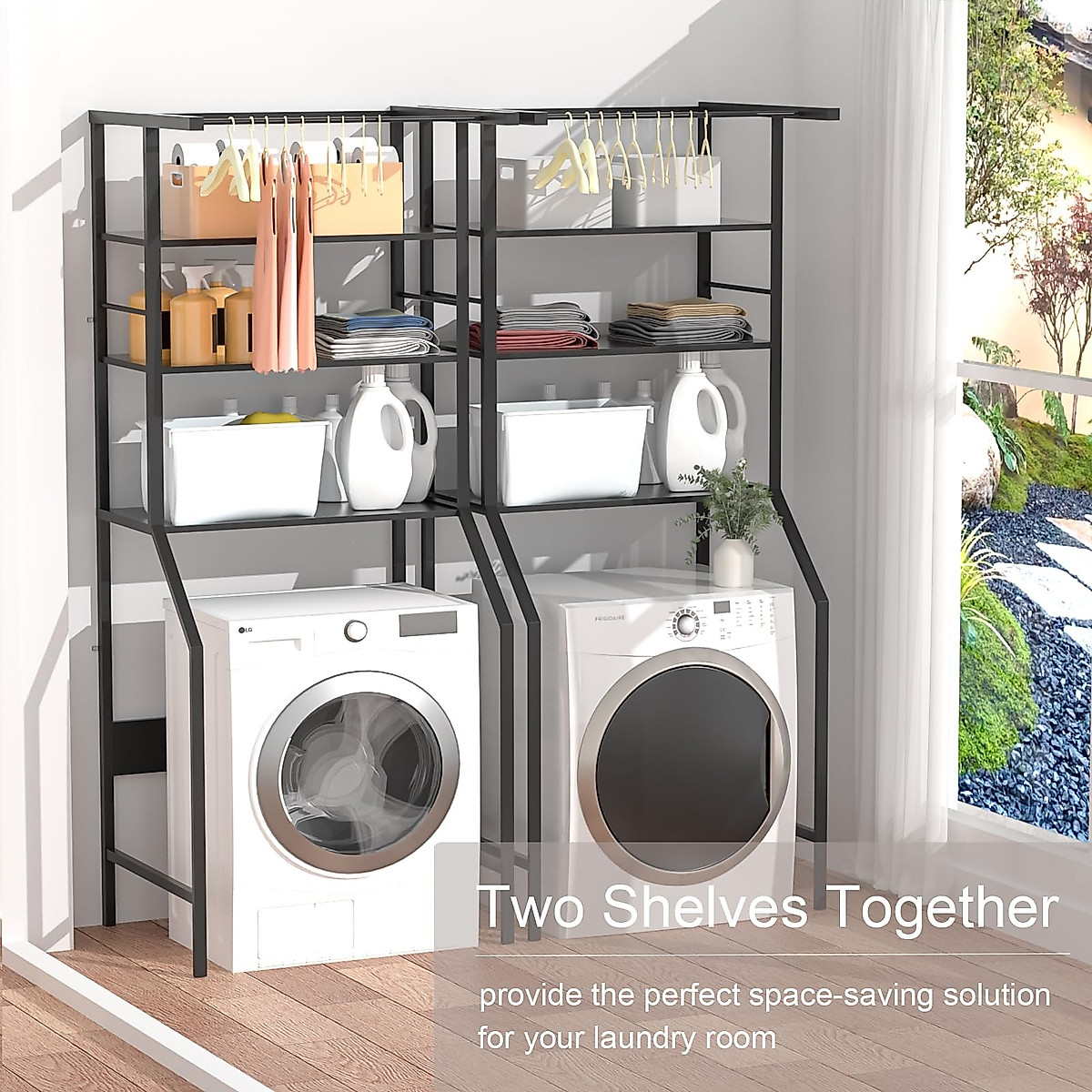 VZONE Over The Washer and Dryer Storage Shelf - All Steel Laundry Room Organizer Standing Shelf, Heavy Duty Clothes Drying Rack with Rod, Super Tough 28.74" L x 23.65" D x 70.8" H