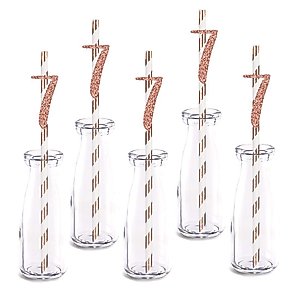 Rose Happy 7th Birthday Straw Decor, Rose Gold Glitter 24pcs Cut-Out Number 7 Party Drinking Decorative Straws, Supplies
