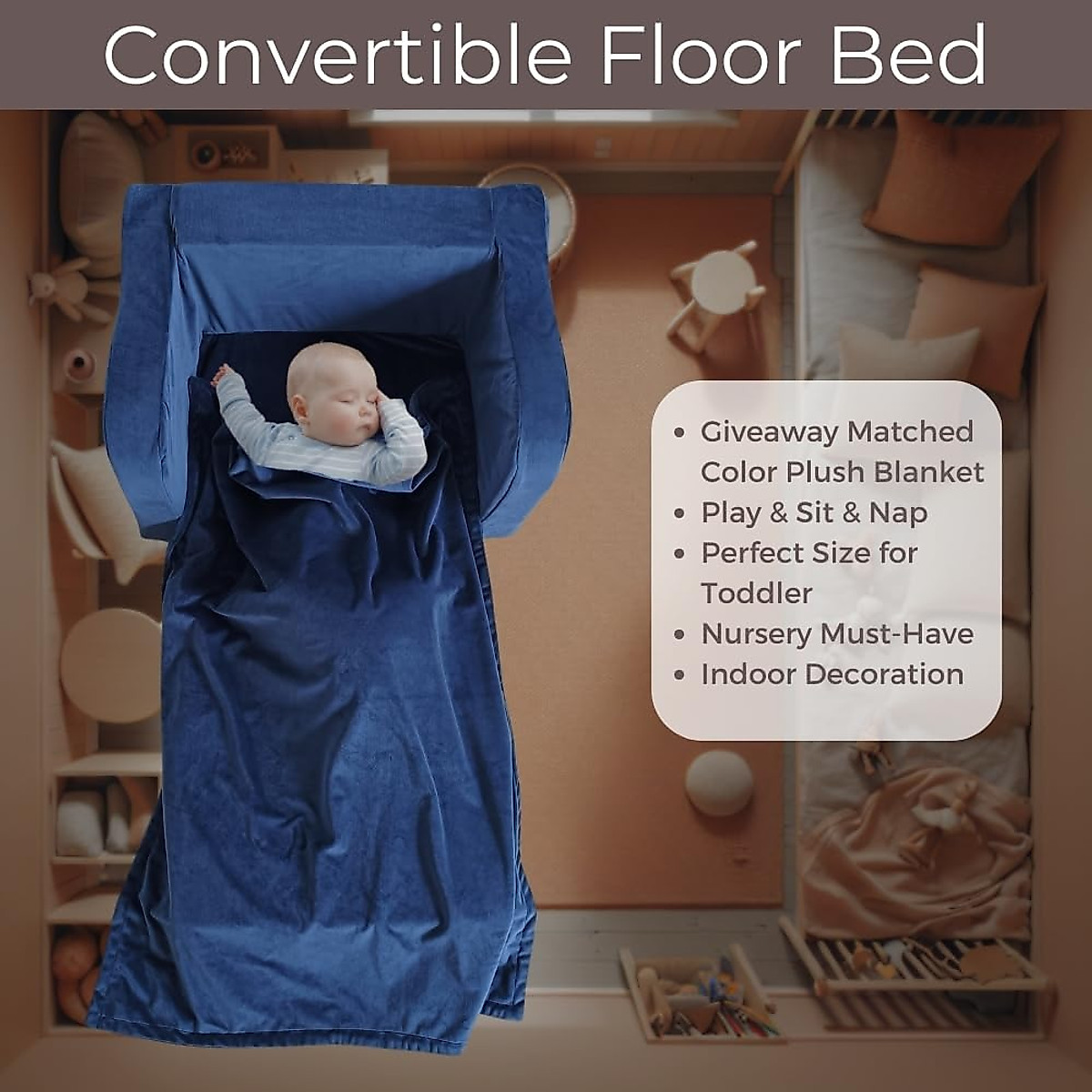 Wonder Space Kids Foam Couch with Blanket, Pre-Assembled Toddlers 2-in-1 Convertible Sofa, Indoor Foadable Lounger Chair & Flip Open Floor Bed for Boys & Girls (Navy Blue)