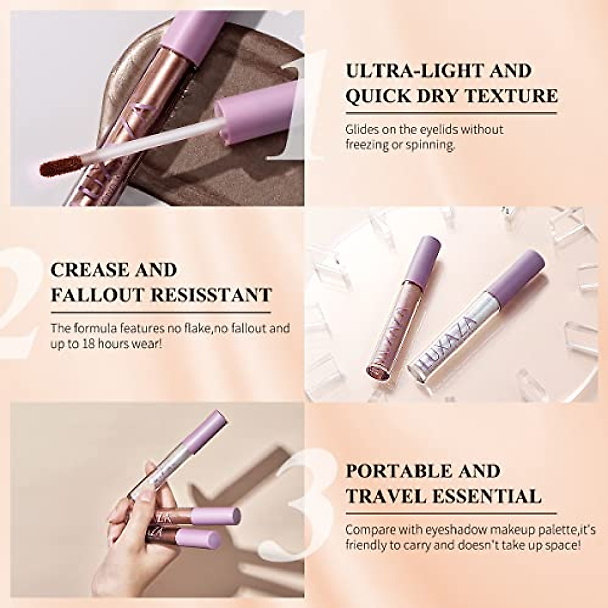 LUXAZA 5Pcs Liquid Eyeshadow Set,Shimmer & Metallic Glitter Eyeshadow,Highly Pigmented Long Lasting Liquid Shadow Eye Makeup,5 Colors Quick-Drying Sparkling Eye Shadow Makeup Set