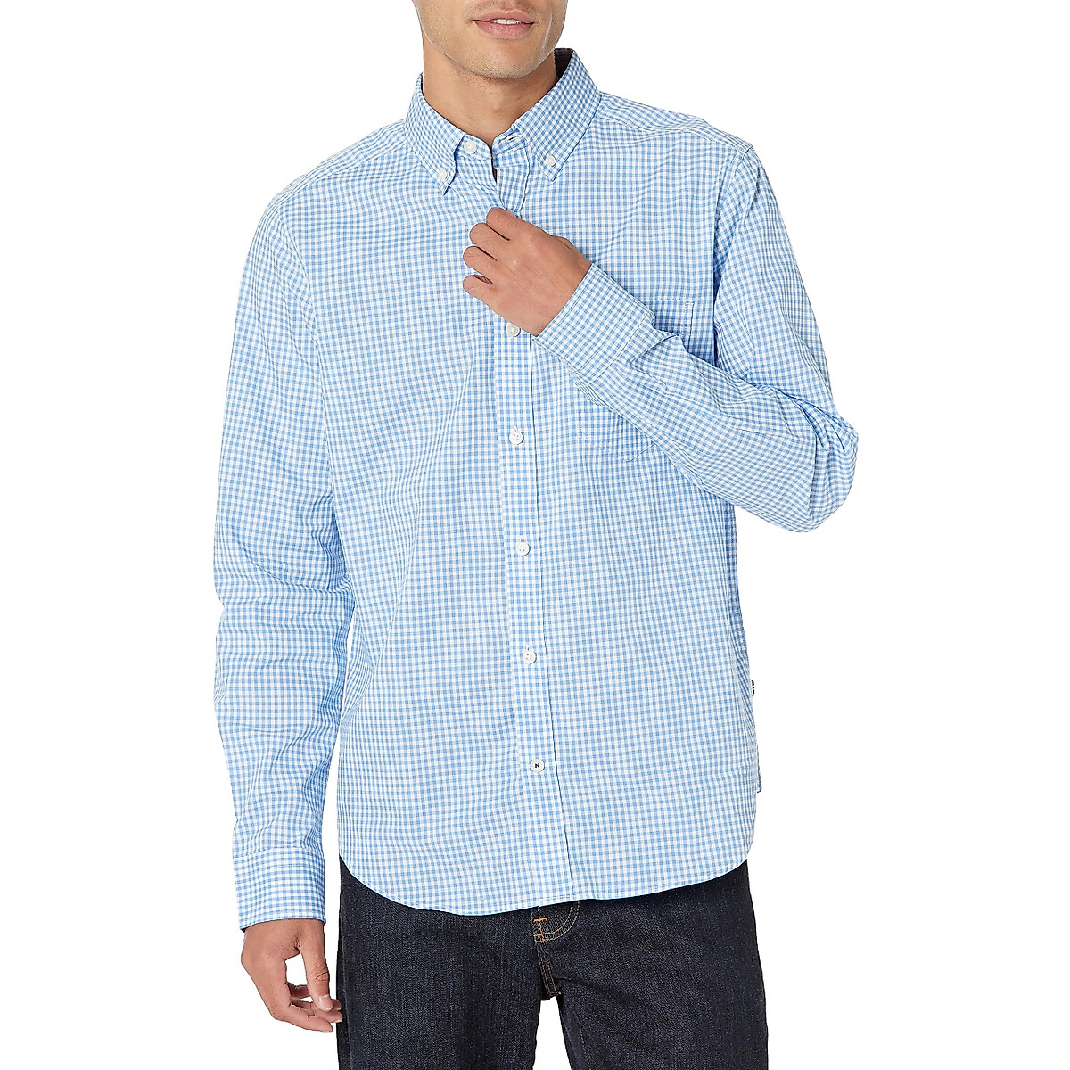 Nautica Men's Classic Fit Gingham Stretch Cotton Shirt, Light French Blue