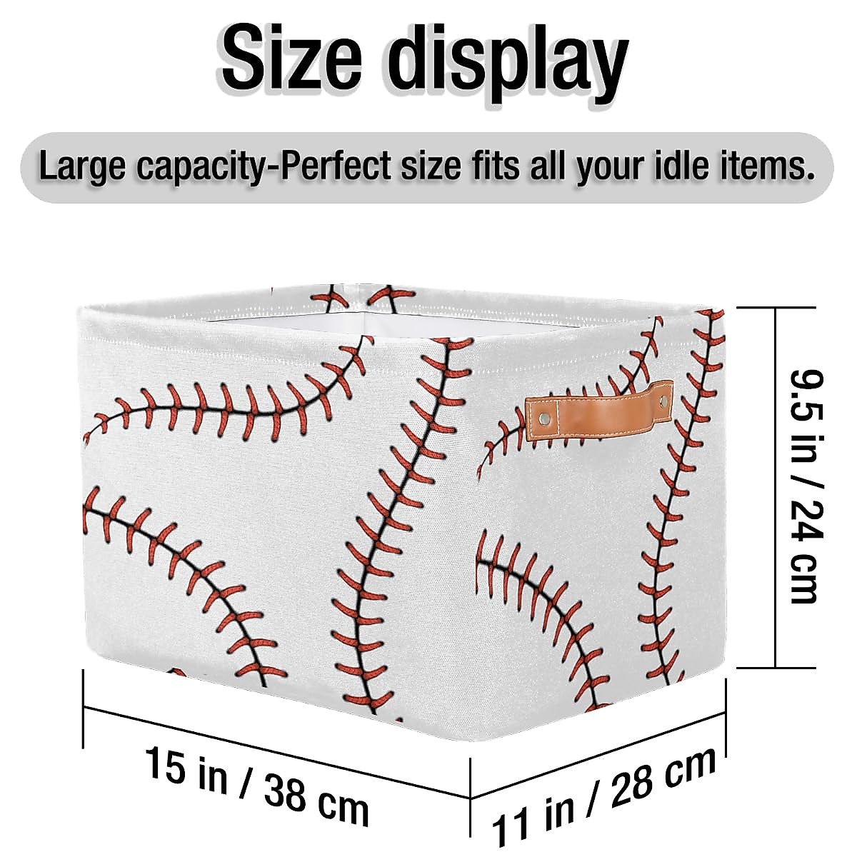 Baseball Storage Bin Basket, White Softball Large Toys Storage Cube Box with Handles, Collapsible Laundry Basket Rectangular Waterproof Storage Organizer Bin for Nursery Bedroom Shelves Gift Basket