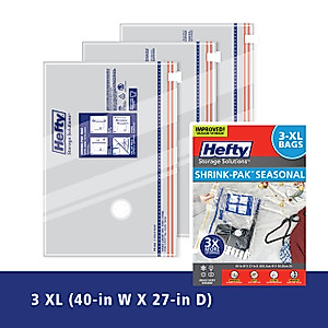 Hefty Shrink-Pak Vacuum Storage Bags – For Clothes, Pillows, Towels, Blankets & More – Space Saver Vacuum Suction Sealer Bags for Home or Travel – 3 XL Bags, 40 x 27 Inches