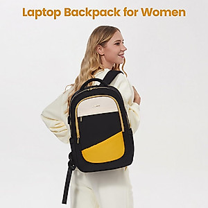LOVEVOOK Laptop Backpack for Women,15.6 Inch Travel College Computer Back Pack,Work Backpacks with USB Port,Business Water Resistant Bag with Laptop Compartment for Teacher Nurse, Black-Yellow-White