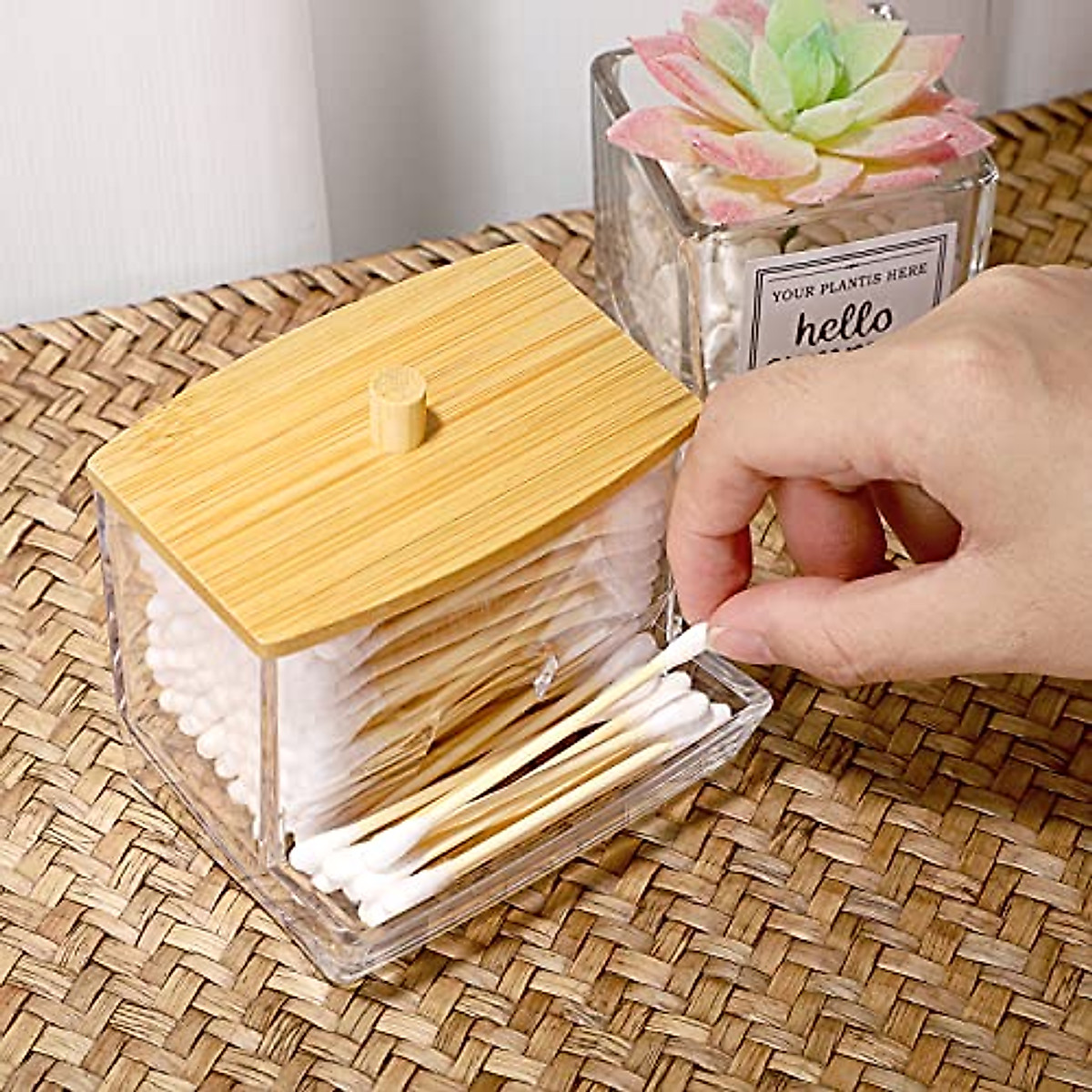 Hipiwe Acrylic Q-Tip Holder with Bamboo Lid - Clear Q-Tips Dispenser Bathroom Containers Canister Cotton Swab Holder Bathroom Countertop Storage Organizer for Q-tip Cotton Swab