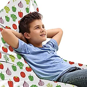 Ambesonne Vegetables Lounger Chair Bag, Food Themed Simple Repetitive Pattern with Pepper Onion Broccoli and Tomatoes, High Capacity Storage with Handle Container, Lounger Size, Multicolor