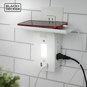 Black+Decker Surge Protector Outlet Shelf with Night Light, 6 Grounded Outlets, 2 USB, 100 Lumen