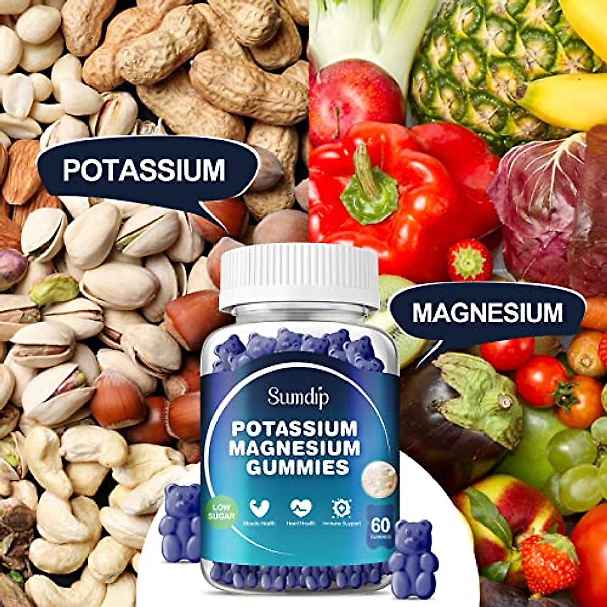 Potassium Magnesium Supplement Gummies High Absorption Potassium Citrate Magnesium Citrate, Support Leg Cramps for Men and Women 60 Gummies
