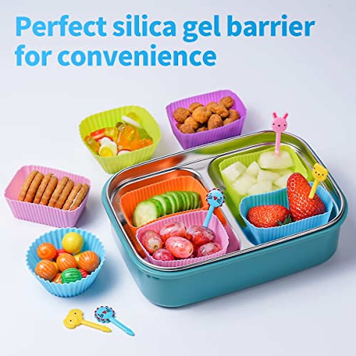 Silicone Lunch Bento Box, 52 Pack Bento Lunch Box Bundle Dividers with Food Picks Lunch Accessories, Durable, Reusable, BPA-Free, Freezer and Dishwasher Safe