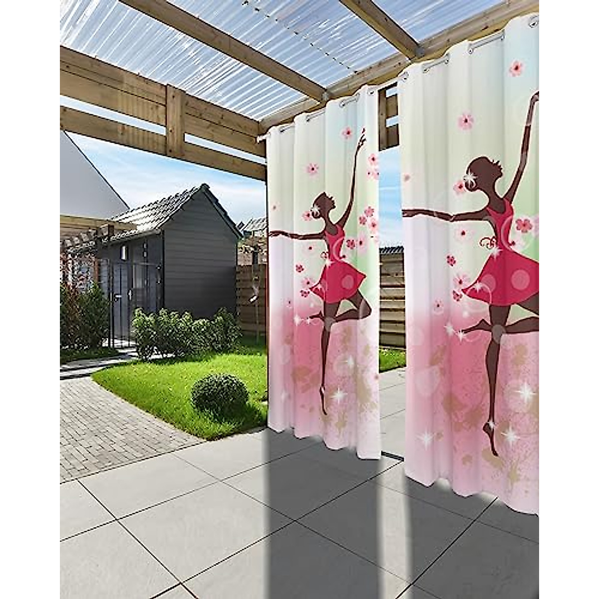 Outdoor Curtains for Patio 2 Panels Set Ballet Dadcing Girl Under Pink Flower Tree Waterproof Privacy Outside Curtain Sun Blocking Grommet Blackout Drapes for Porch Gazebo Pergolas Balcony 52x95 Inch
