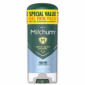 Mitchum Men's Deodorant, Antiperspirant, Triple Odor Defense Gel Stick, 48 Hr Protection, Dermatologist Tested, Alcohol Free, Unscented, 3.4 Oz (Pack of 2)