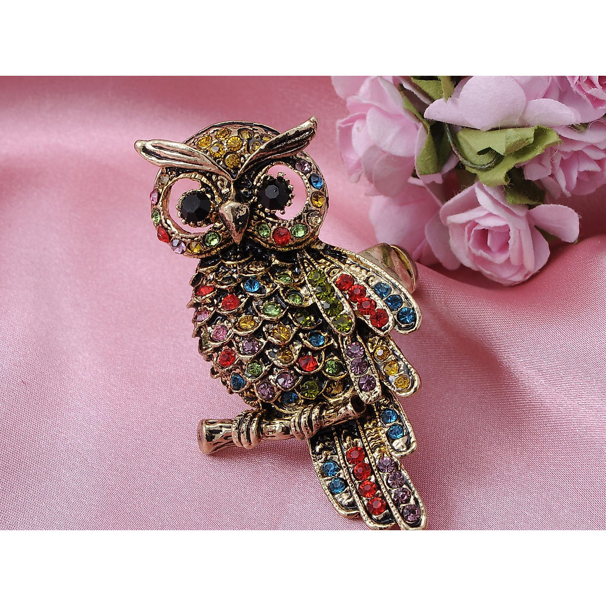 Alilang Womens Stretchy Antique Golden Tone Multicolored Rhinestones Rainbow Owl Bird Ring