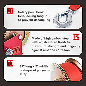 Hand Winch Heavy Duty 3500lbs with Nylon Strap and Ratchet Handle Hook 2 Gear Manual Crank Towing Winch for ATV Boat Trailer Truck Auto (3500 Red)