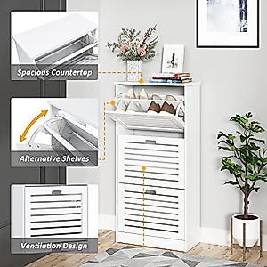 Hommoo Shoe Cabinet with 3 Flip Louvered Door Wood Shoe Rack with 3 Adjustable Shelf Modern White Shoe Storage Cabinet for Entryway Hallway