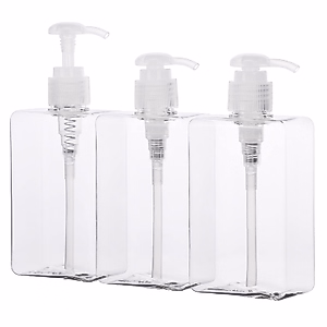 Suream Refillable Shampoo and Conditioner Bottles, 9.5oz/280ml Clear Plastic Pump Dispensers for Shower, Square Empty Bathroom Bottle for Body Wash, Essential Oil, Soap Liquid, Lotion, 3Pack