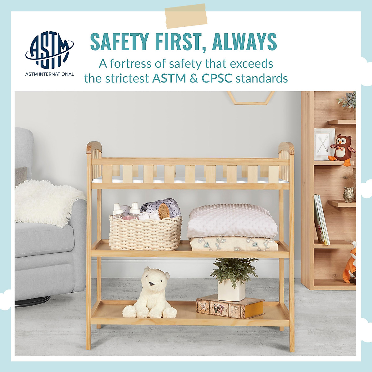 Dream On Me Emily Changing Table In Natural, Comes With 1" Changing Pad, Features Two Shelves, Portable Changing Station, Made Of Sustainable New Zealand Pinewood