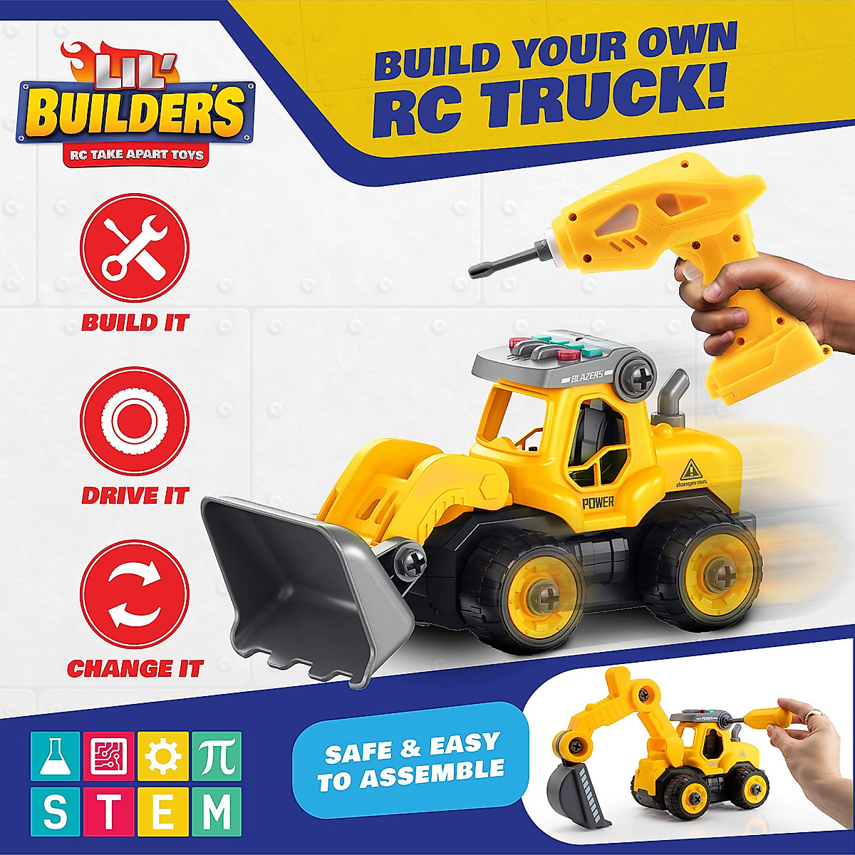 USA Toyz Lil Builders Take Apart Construction Toy for Kids - 4-in-1 Take Apart Truck with Drill, 34pc RC Truck STEM Toy Construction Vehicle Building Take Apart Toys with Electric Drill Remote Control