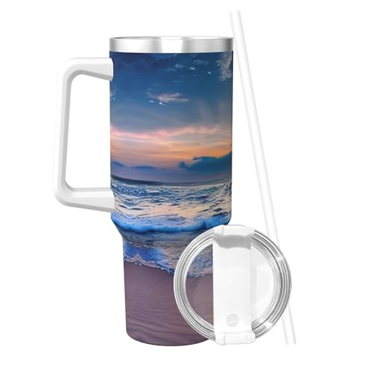 HULIBIN Serene Seaside Sunset Print Double Deck Stainless Steel Travel Coffee Cup With Lid 40 Oz Ice Bully Cup