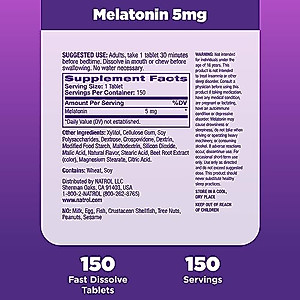 Natrol Melatonin 5mg, Strawberry-Flavored Dietary Supplement for Restful Sleep, 150 Fast-Dissolve Tablets, 150 Day Supply