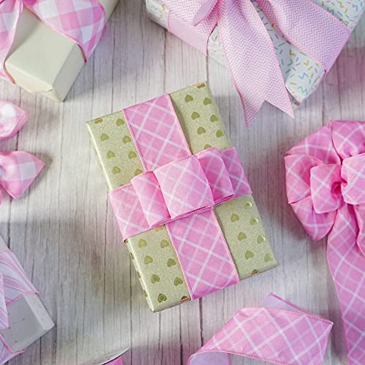 MEEDEE Pink Gingham Christmas Ribbon Wired Plaid Check 2.5 Inch X 10 Yards Burlap for Crafts Decoration Bows Making Flower Wreath Floral Bouquet Gift Wrapping