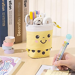 ANGOOBABY Cute Pencil Case Standing Pen Holder Telescopic Makeup Pouch Pop Up Cosmetics Bag with Kawaii Smile Face Stationery case Office Organizer Box for Girls Students Women Adult (Yellow)