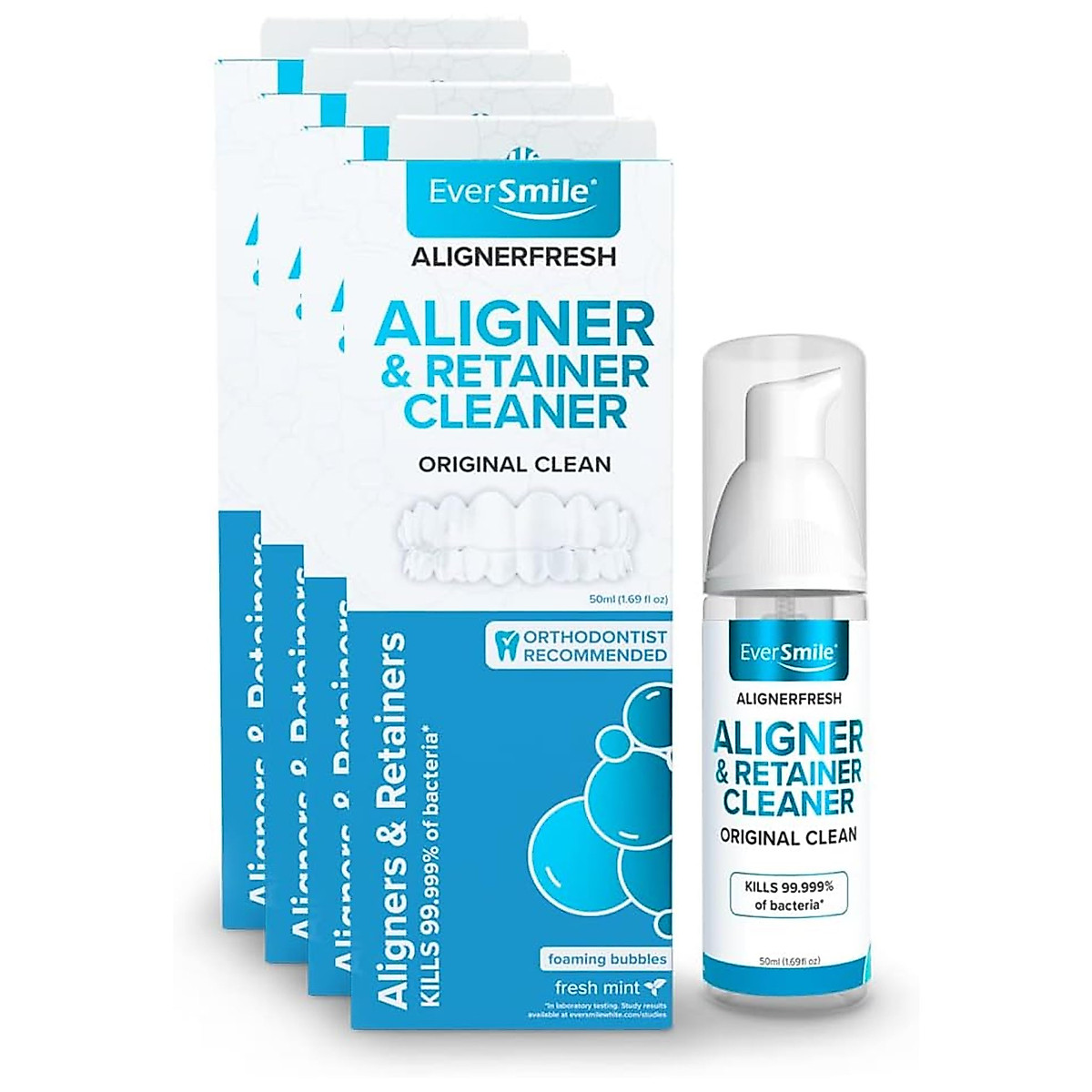 EverSmile AlignerFresh Original Clean Foam – Cleaner Compatible w/Invisalign and All Clear Aligners & Retainers – Eliminates Bacteria, Whitens Teeth, Fights Bad Breath – 50ml (4 Pack)