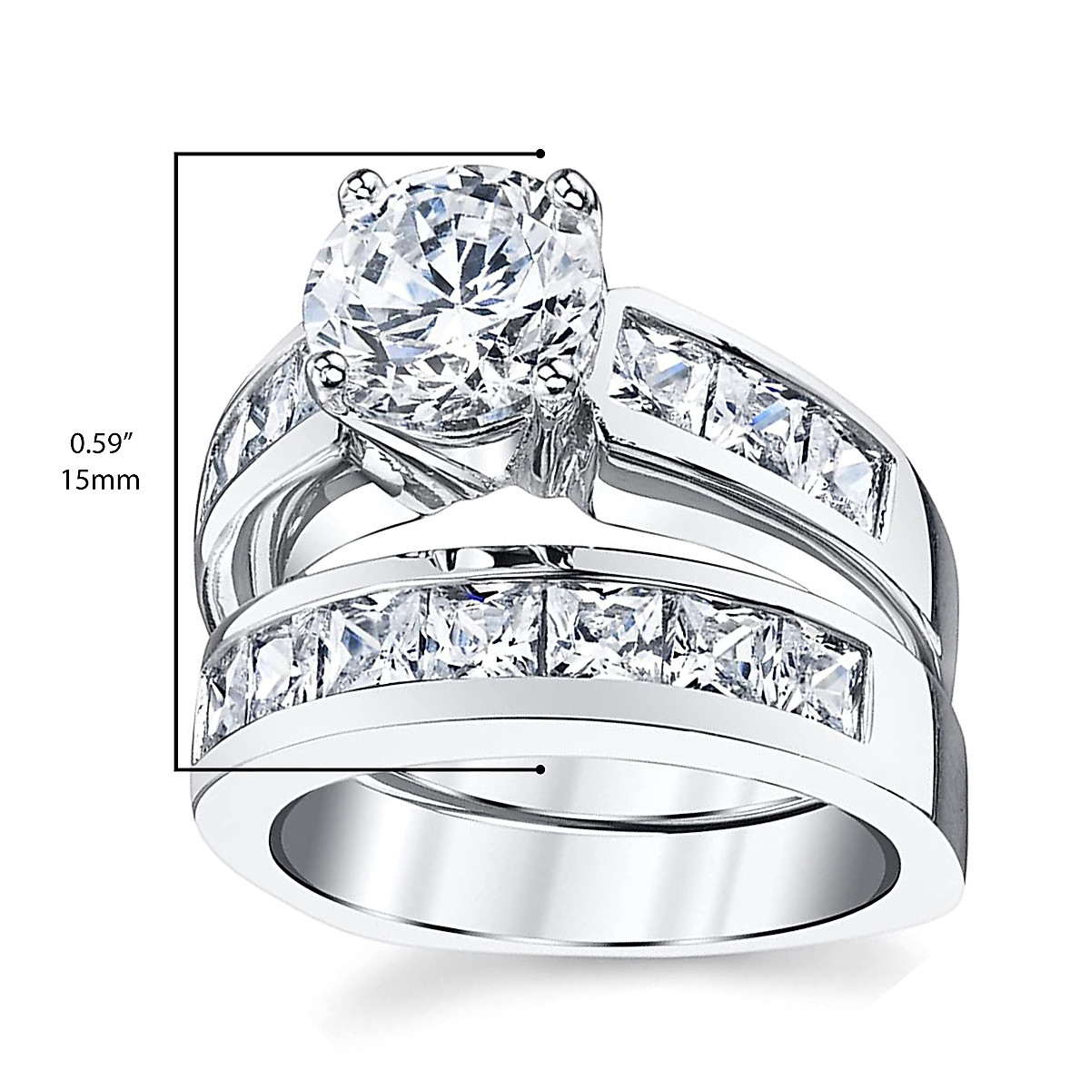 2 Carats Sterling Silver Bridal Set Cubic Zirconia Engagement Wedding Ring Bands with Round and Princess Cut