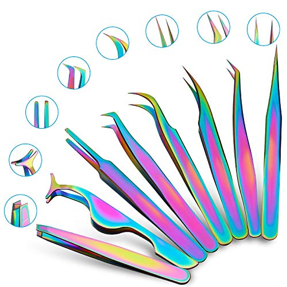 8 Pieces Eyelash Extension Tweezers Set Straight and Curved Tip False Lash Tweezers Eyelash Applicator Tool Stainless Steel Precision Tweezers for Eyelash Extension with Velvet Bag (Rainbow Color)