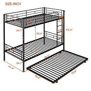 GINGVAT Twin Over Twin Metal Bunk Bed with Trundle and Ladder,Metal Bunk Bed Can be Divided into Two beds,No Spring Box Needed,for Bedroom,Apartment,Black