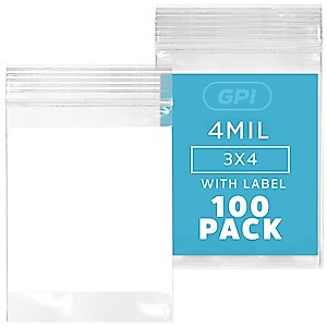 GPI - 3" x 4" - Bulk Pack of 100, 4 Mil Thick, Heavy Duty, Clear Plastic Reclosable Zip Bags, with Write-on White Block for Labeling, Strong & Durable Poly Baggies with Resealable Zipper Top Lock.