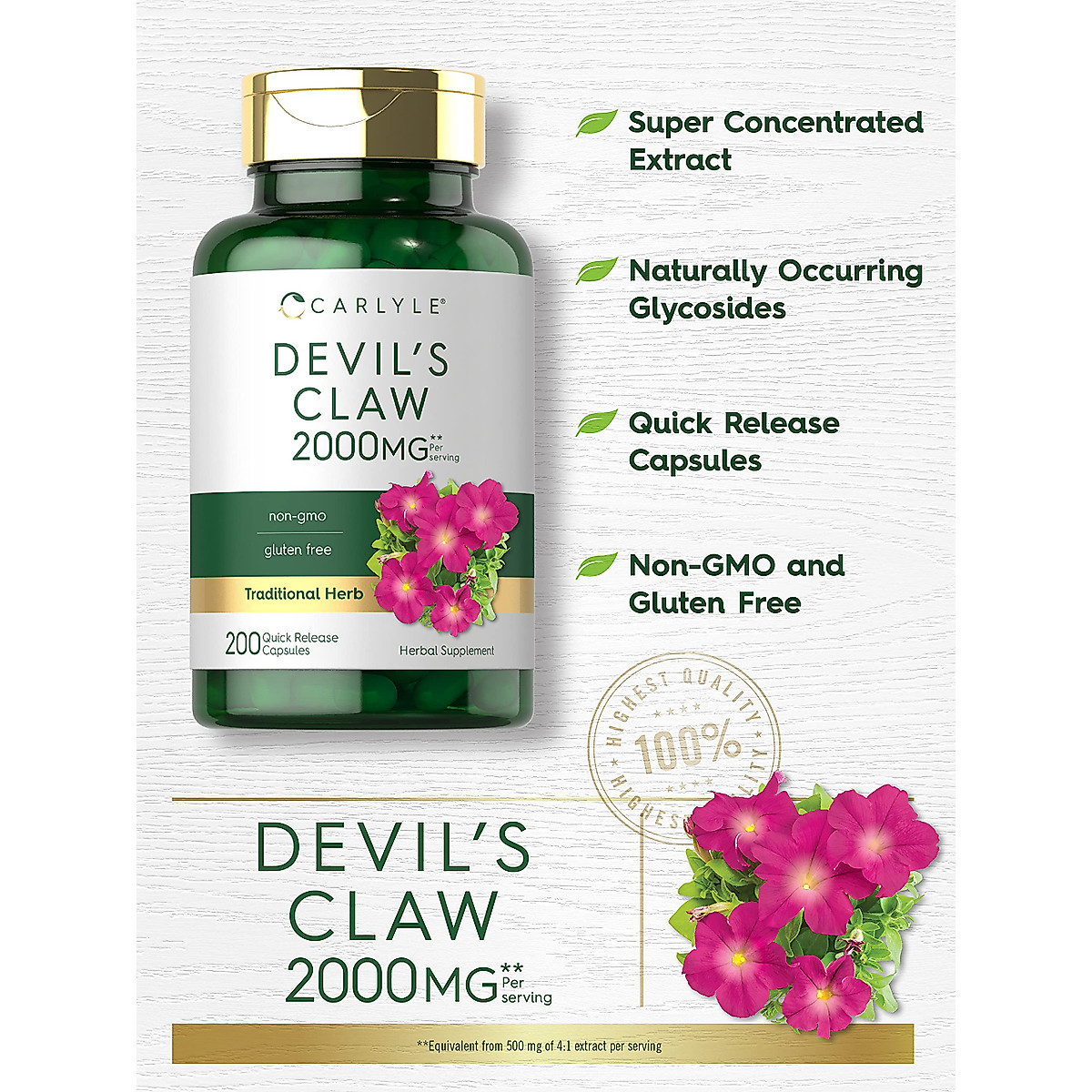 Carlyle Devils Claw 2000 mg | 200 Capsules | Concentrated Root Extract | Devils Claw Herbal Supplement | Non-GMO, Gluten Free Supplement
