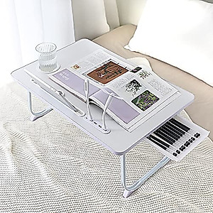 Rectangular Desktop Laptop Bed Desk,Bed Tray Table with 4 USB Port, Computer Laptop Stand for Port/Cup Holder/Storage Drawer,for Bed /Couch /Sofa Working, Reading (White)