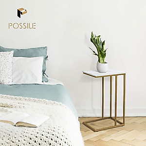 Possile C Shaped End Table Set of 2, Small Side Table for Sofa and Bed, Couch Tables That Slide Under, Snack Side Table for Living Room, Bedroom, White Faux Marble and Gold