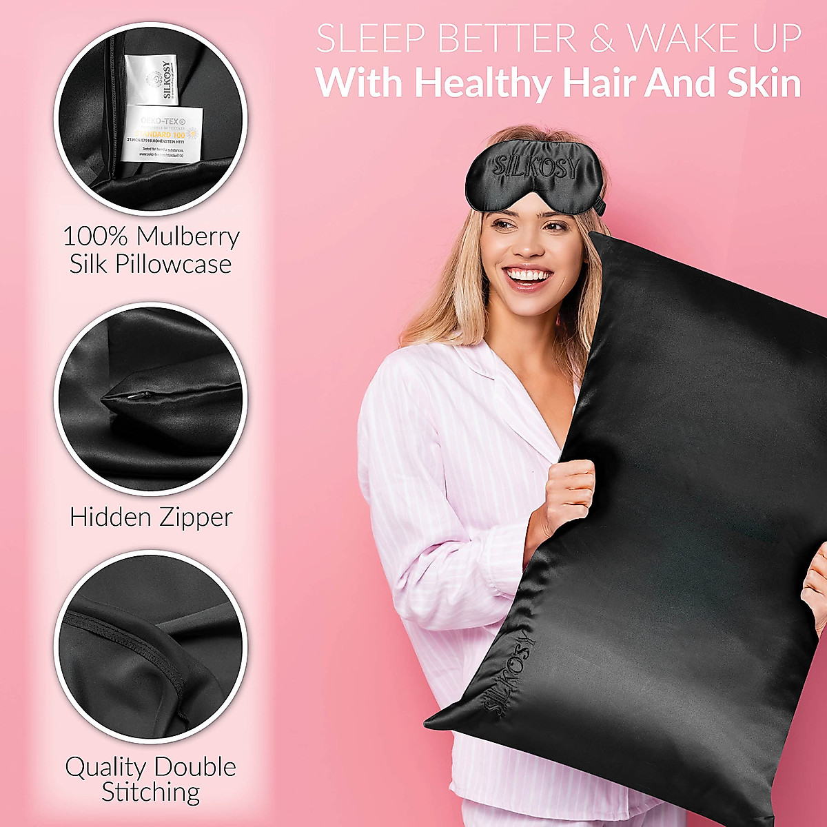 Mulberry Silk Pillowcase for Hair and Skin with Hidden Zipper, 22 Momme 100% Real Silk Pillow Case with Sleep Mask, Premium Grade 6A Silk Promotes Soft Skin, 900 Thread Count (Black, Queen)