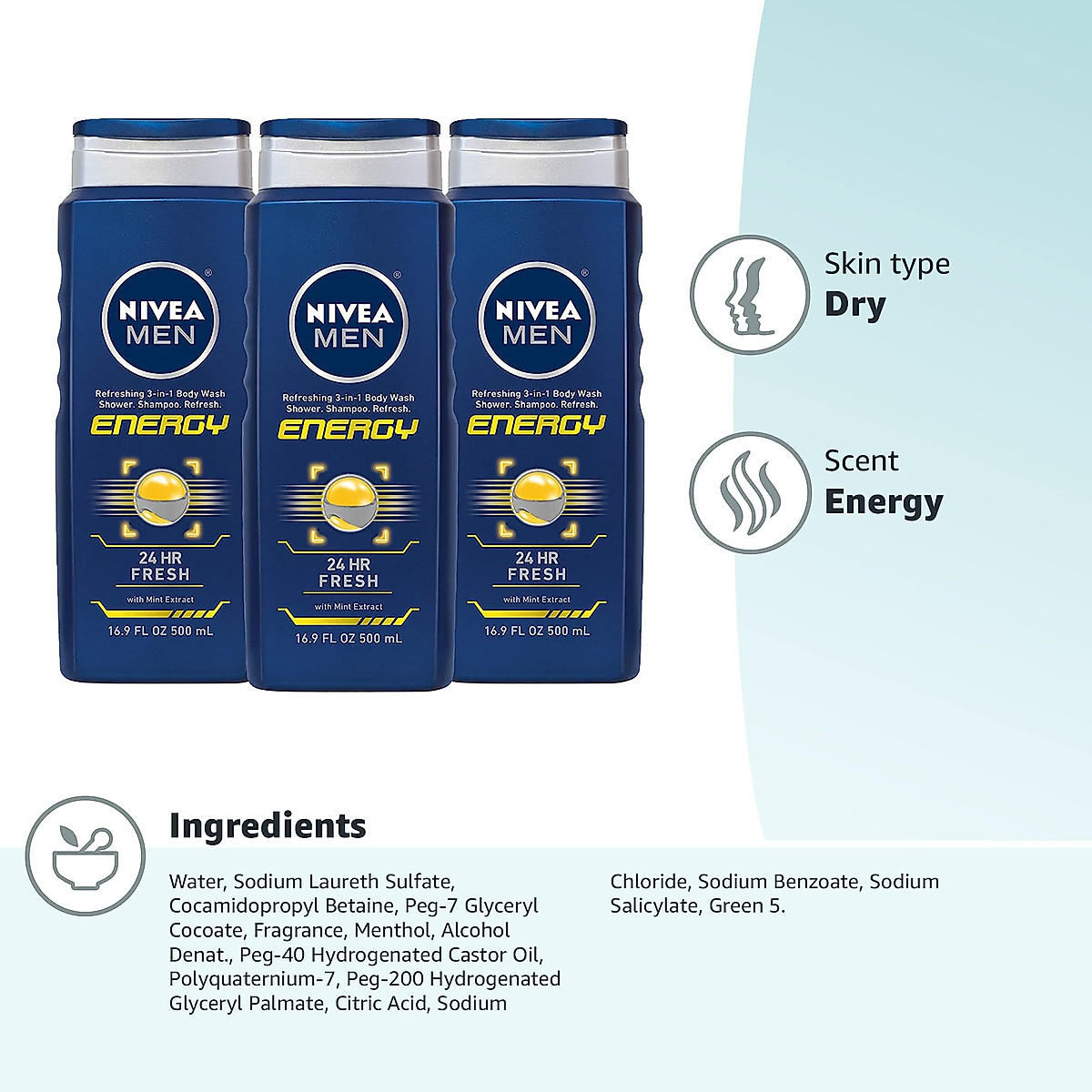 Nivea Men Energy Body Wash with Mint Extract, Cedarwood and Mint Body Wash for Men, 3 Pack of 16.9 Fl Oz Bottles