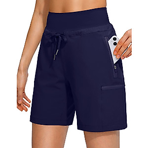 Obla Women's Hiking Cargo Shorts Zipper Pockets Soft High Waisted Quick Dry 7 Inch Long Shorts for Women Golf Athletic Summer (Navy_XL)