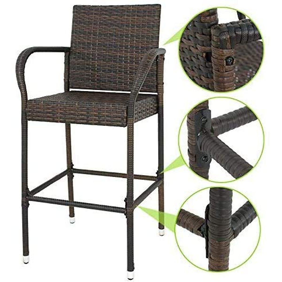 Oteymart Set of 2 Outdoor Wicker Rattan Bar Stool with Armrest Footrest Outdoor Patio Furniture Barstool Chairs All Weather UV Resistant Club Chair Patio Dining Chairs, Brown