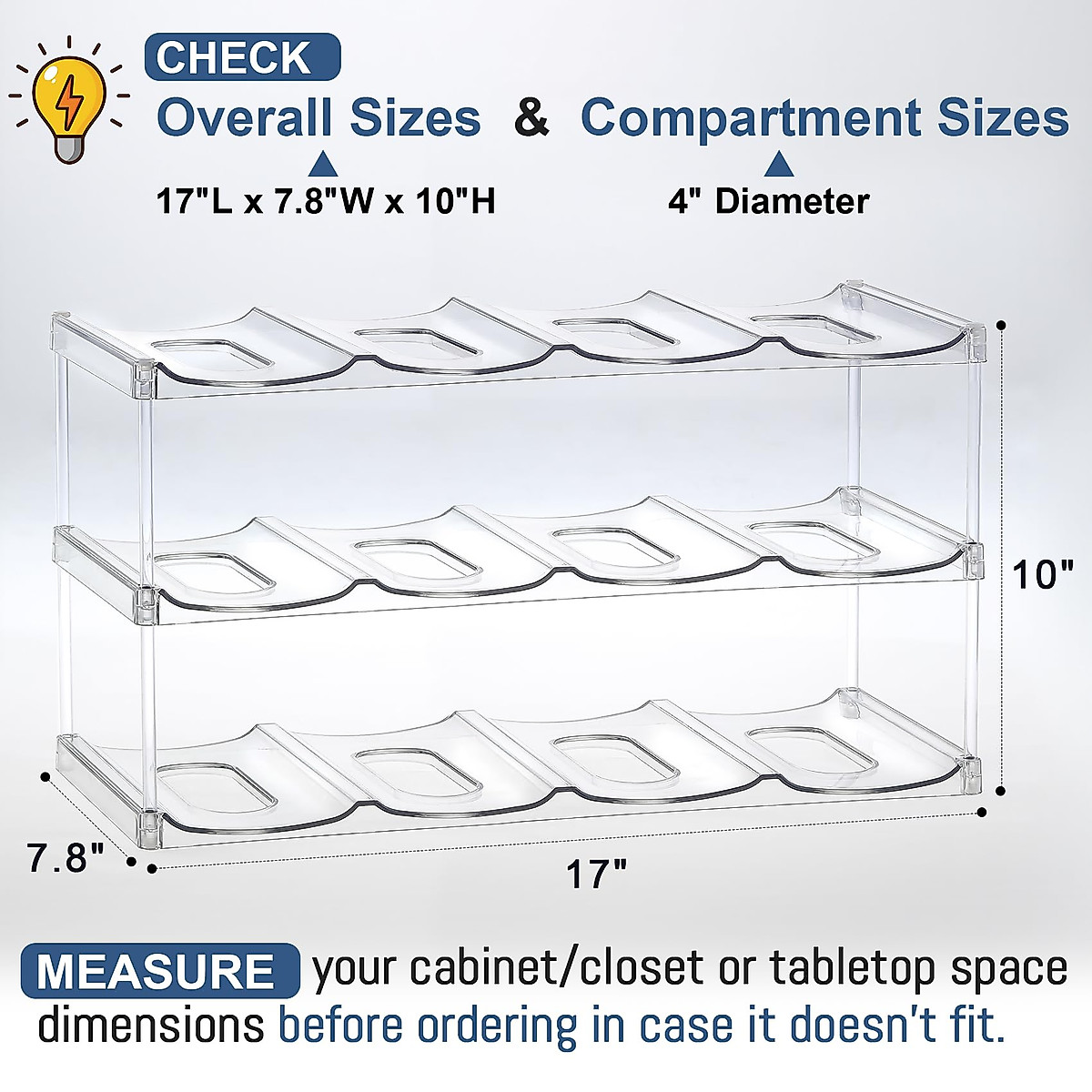 3 Tier Stackable Water Bottle Organizer Holder for Cabinet - for Stanley 40 oz & Others' Large Cup, Tumbler Organization - Clear Wine Rack, Home Kitchen Countertop Fridge Pantry Shelf Storage, Hold 12